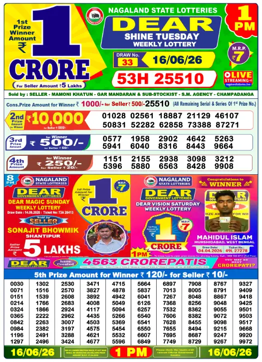Lottery Sambad 1 PM Result Today - Dear Lottery Morning লটারি সংবাদ